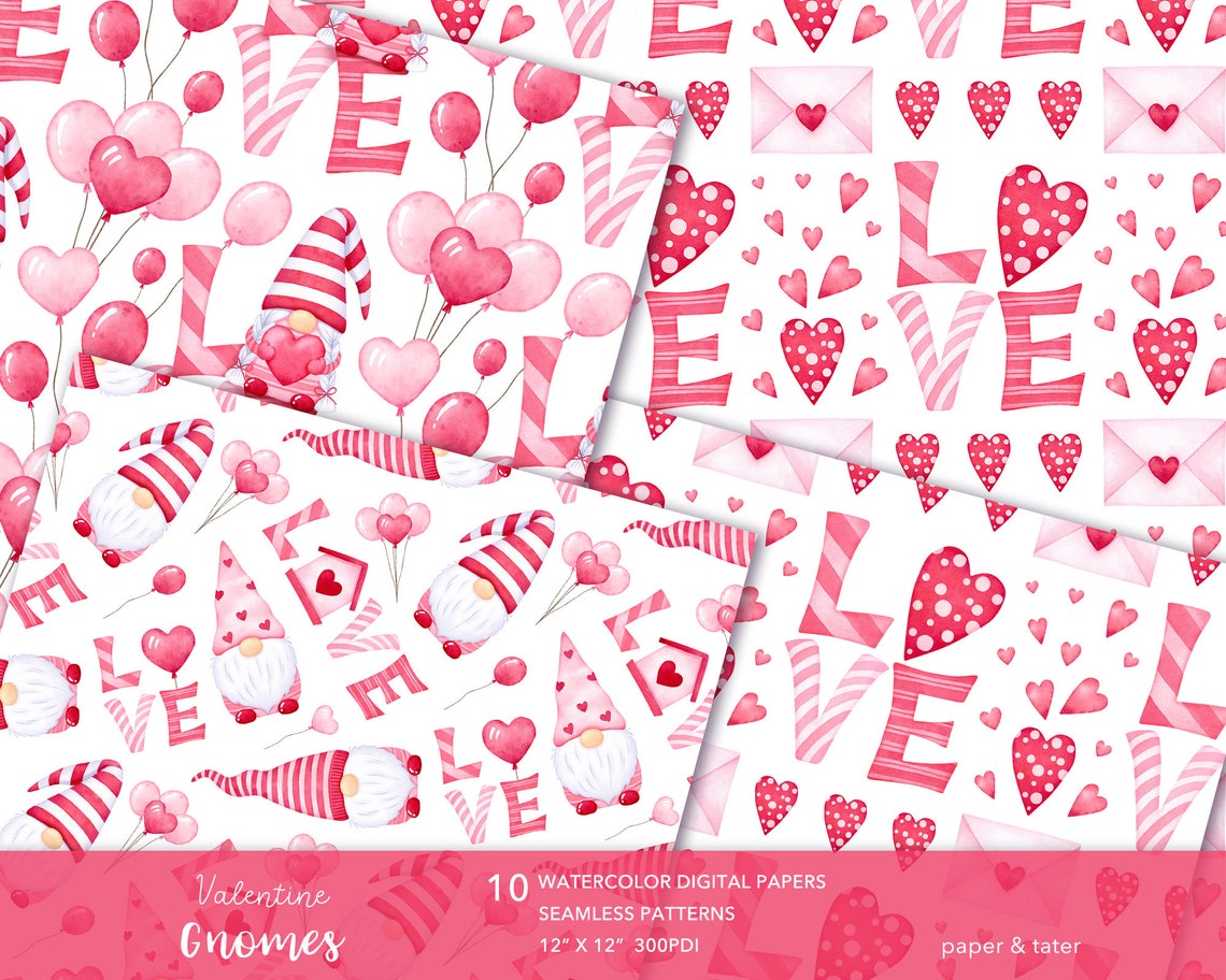 Watercolor Valentine Gnomes Digital Papers Fabric Seamless | Etsy