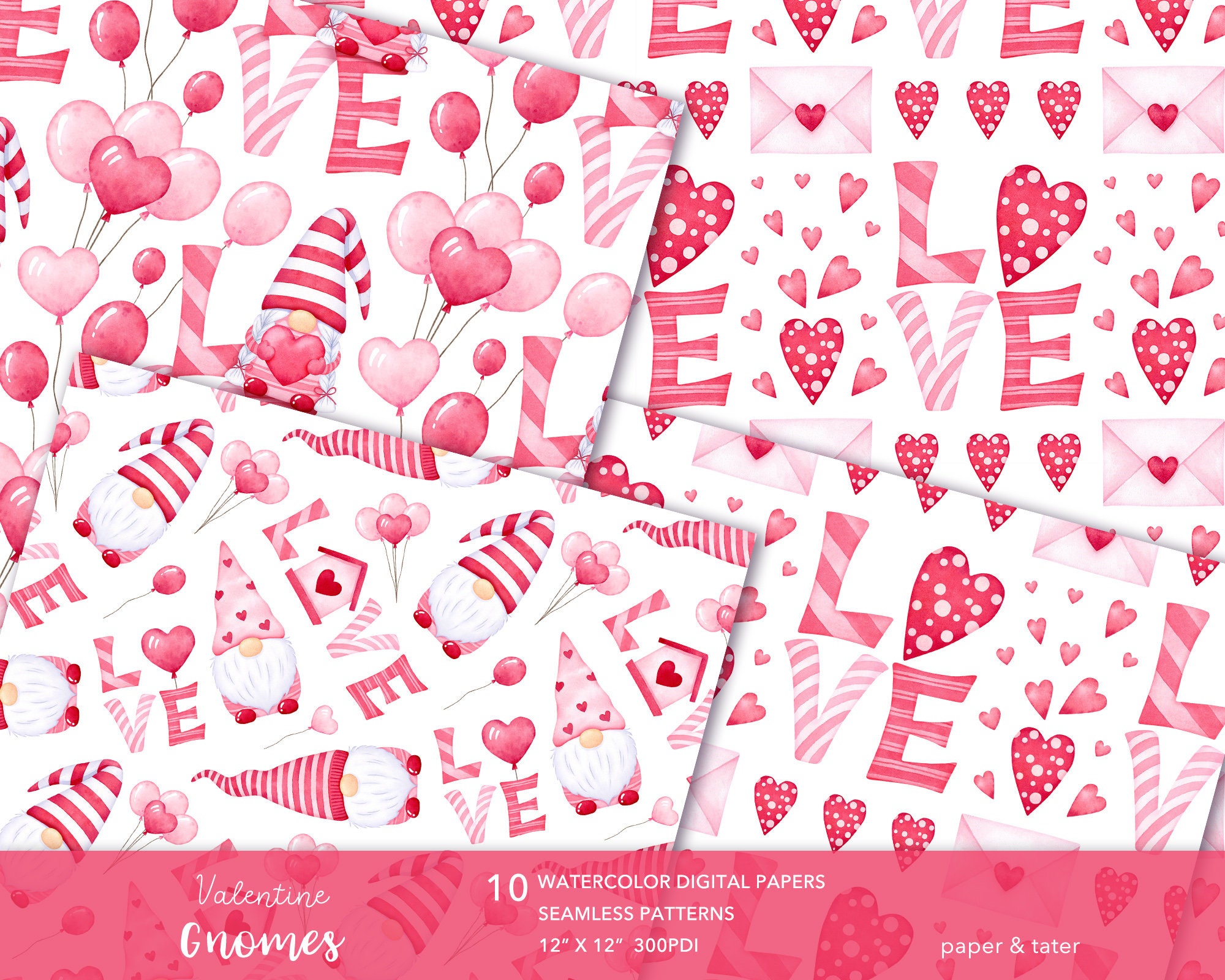 Watercolor Valentine Gnomes Digital Papers Fabric Seamless | Etsy