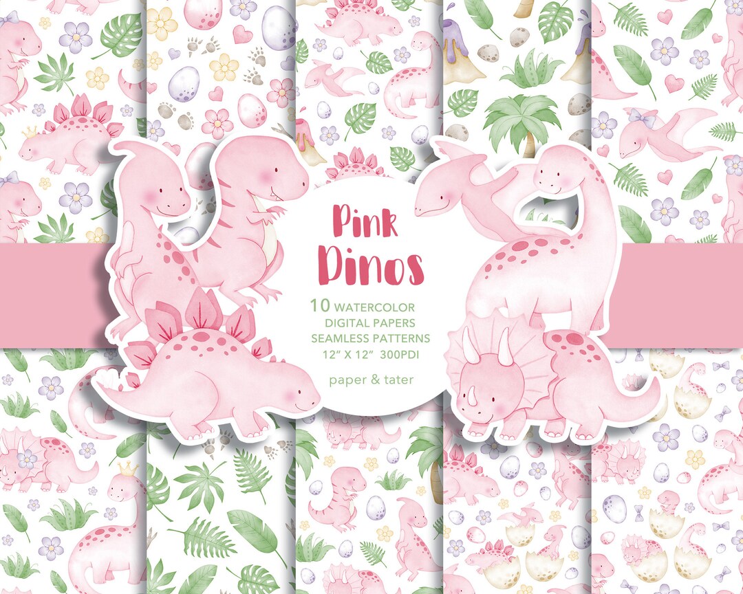 Pink Dinosaurs Watercolor Digital Papers, Fabric Seamless Repeat ...