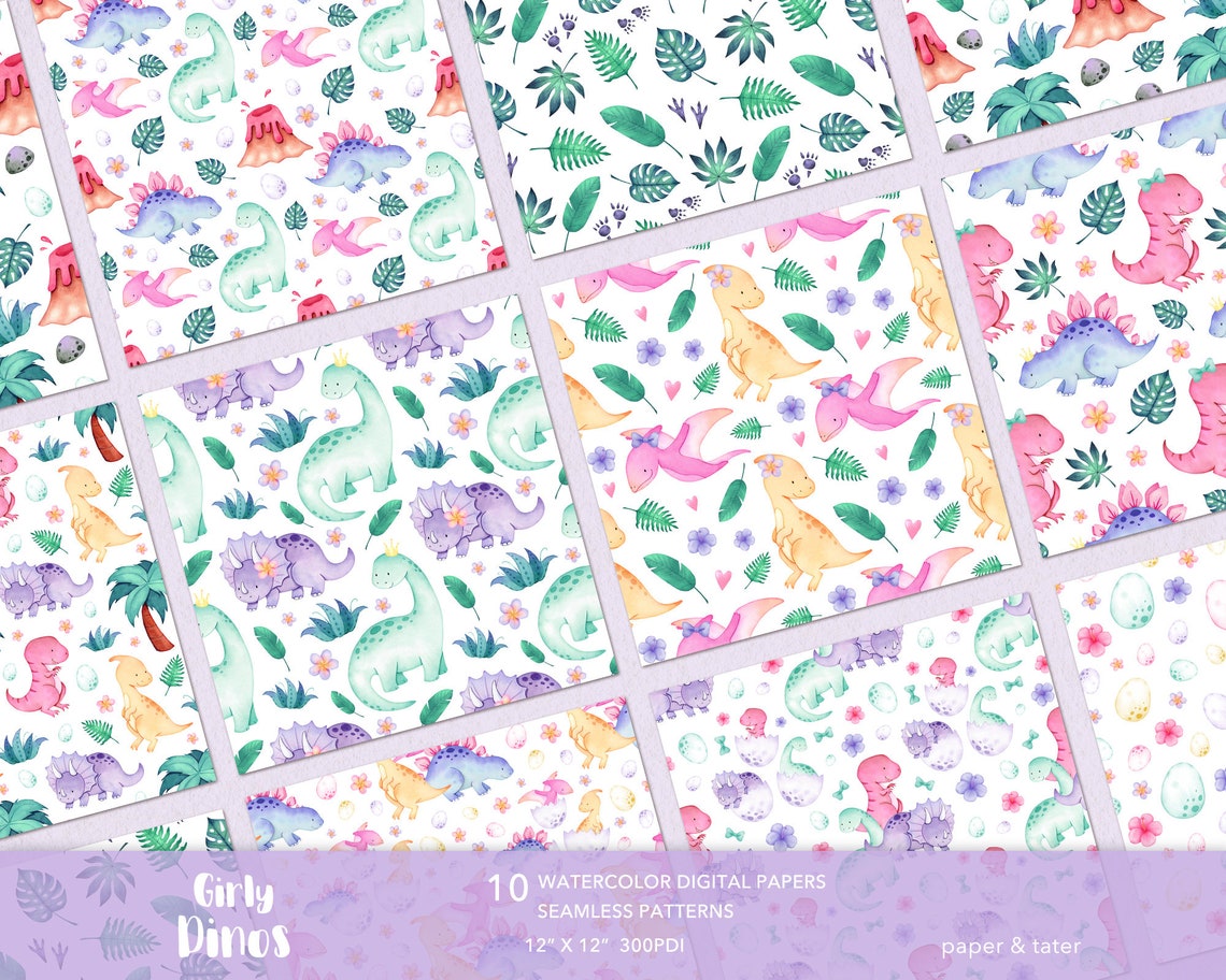 Watercolor Girly Dinosaurs Digital Papers Fabric Seamless - Etsy