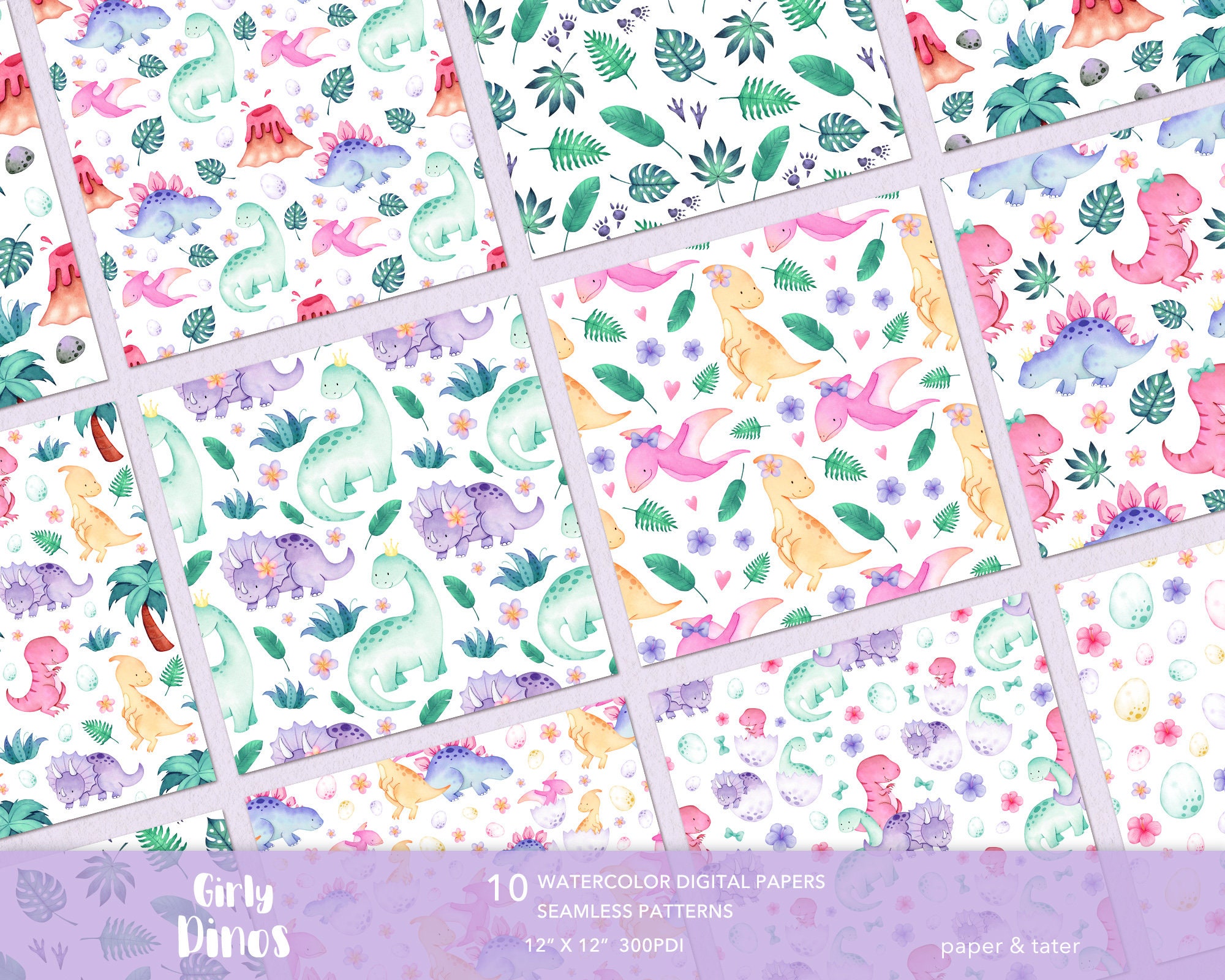 Watercolor Girly Dinosaurs Digital Papers Fabric Seamless - Etsy