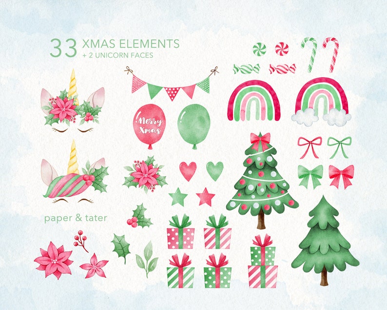 Watercolor Christmas Unicorns Clipart Magical Xmas Animals | Etsy