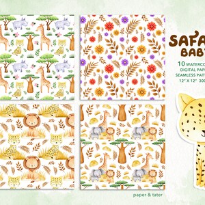 Watercolor Safari Baby Animals Digital Papers, Fabric Seamless Pattern ...