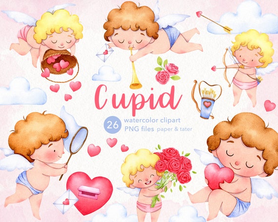 Watercolor Cupid Clipart Valentines Day Love Graphics Baby | Etsy