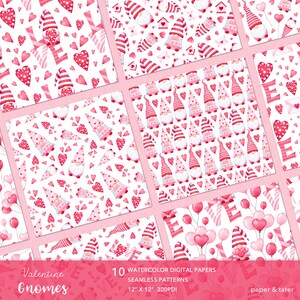 Watercolor Valentine Gnomes Digital Papers, Fabric Seamless Pattern ...