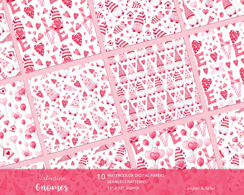 Watercolor Valentine Gnomes Digital Papers Fabric Seamless | Etsy