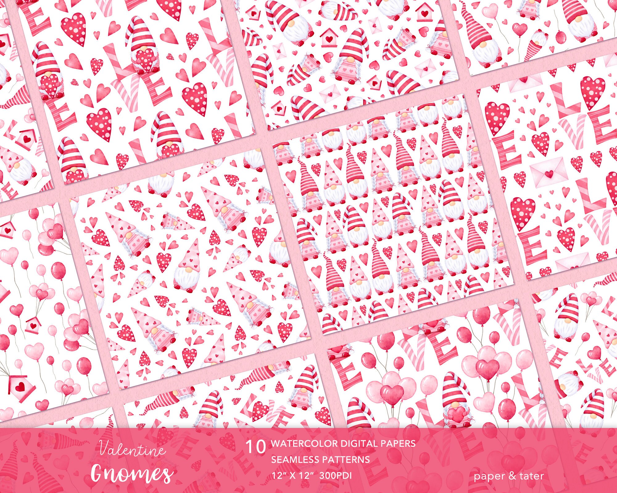 Watercolor Valentine Gnomes Digital Papers Fabric Seamless | Etsy