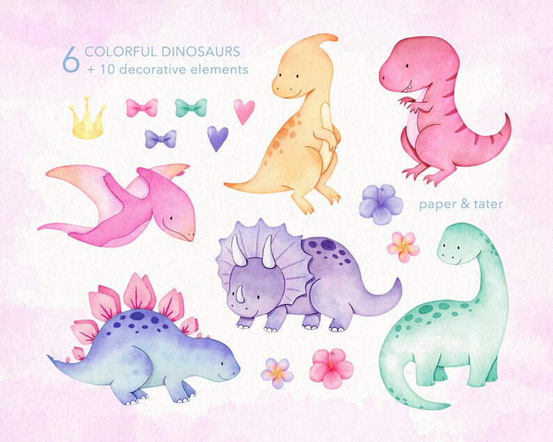 Watercolor Girly Dinosaurs Clipart Cute Baby Dino Clip Art T - Etsy