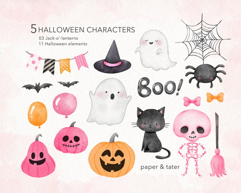 Pink Halloween Watercolor Clipart Cute Pastel Halloween Girl - Etsy