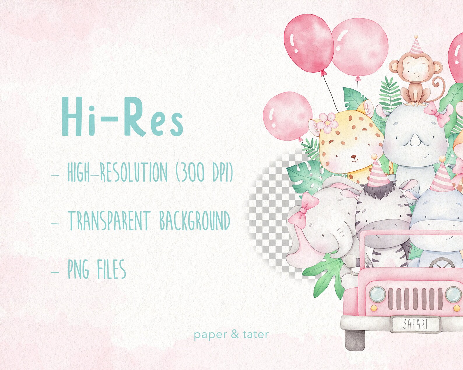 Pink Safari Drive Composition Watercolor Baby Animals Clipart, Ready to ...