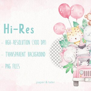 Pink Safari Drive Composition Watercolor Baby Animals Clipart, Ready to ...