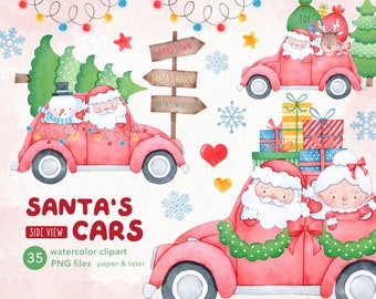 Santa's Cars Watercolor Clipart Front View Christmas | Etsy
