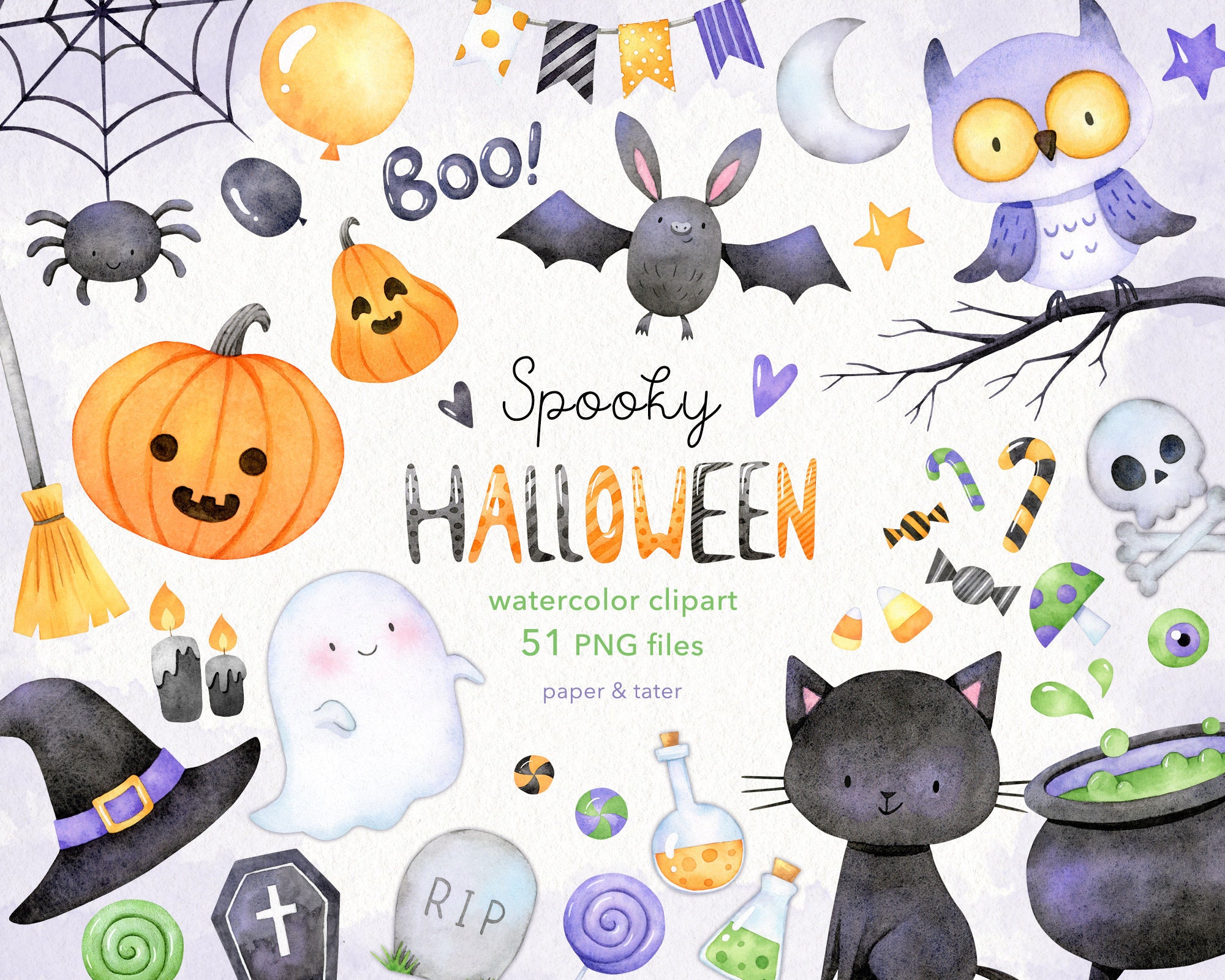 Watercolor Spooky Halloween Clipart Jack O Lantern Black - Etsy