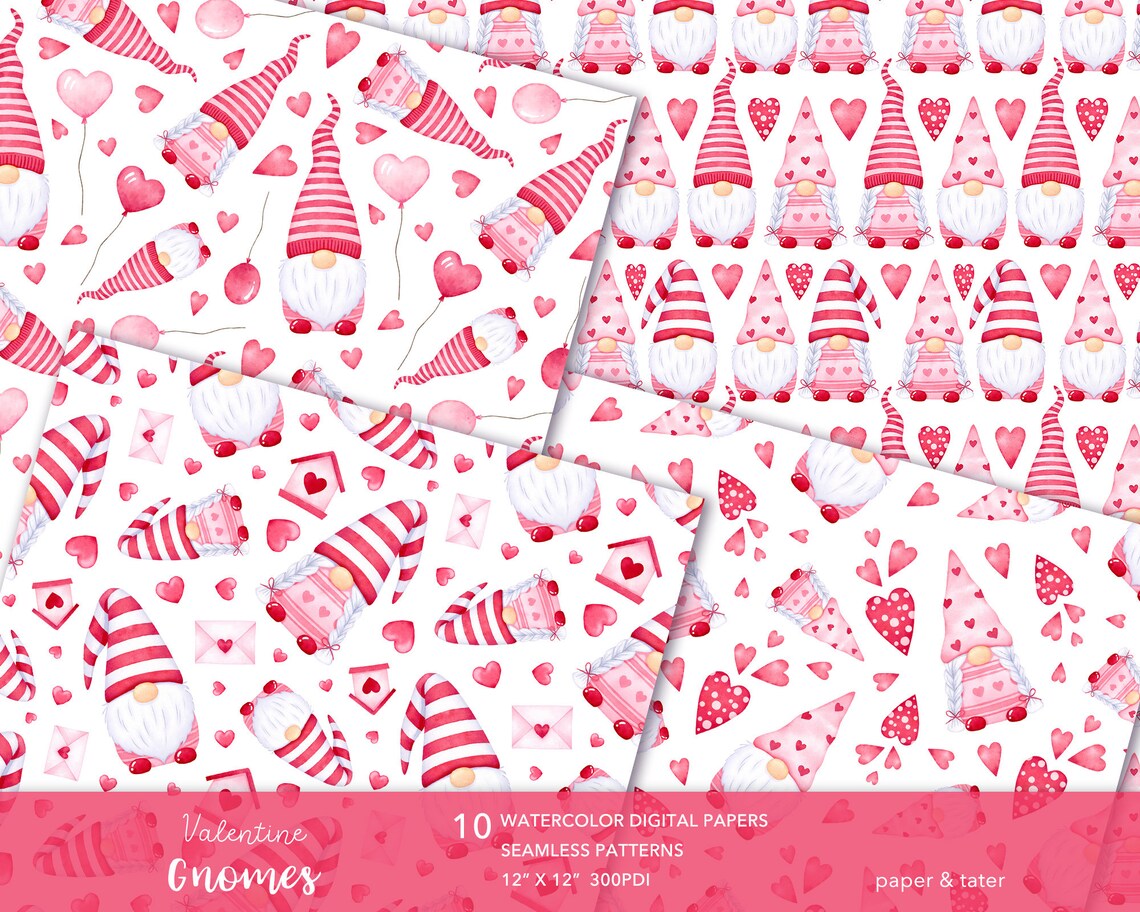Watercolor Valentine Gnomes Digital Papers Fabric Seamless | Etsy