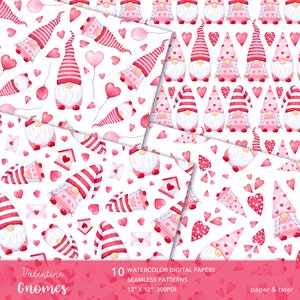 Watercolor Valentine Gnomes Digital Papers, Fabric Seamless Pattern ...