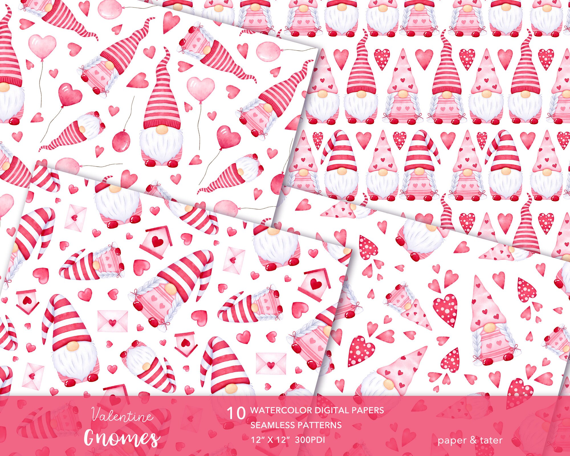 Watercolor Valentine Gnomes Digital Papers Fabric Seamless | Etsy