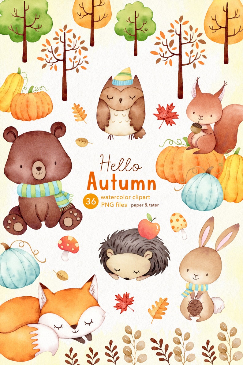 Watercolor Autumn Woodland Clipart Fall Forest Baby Animal - Etsy