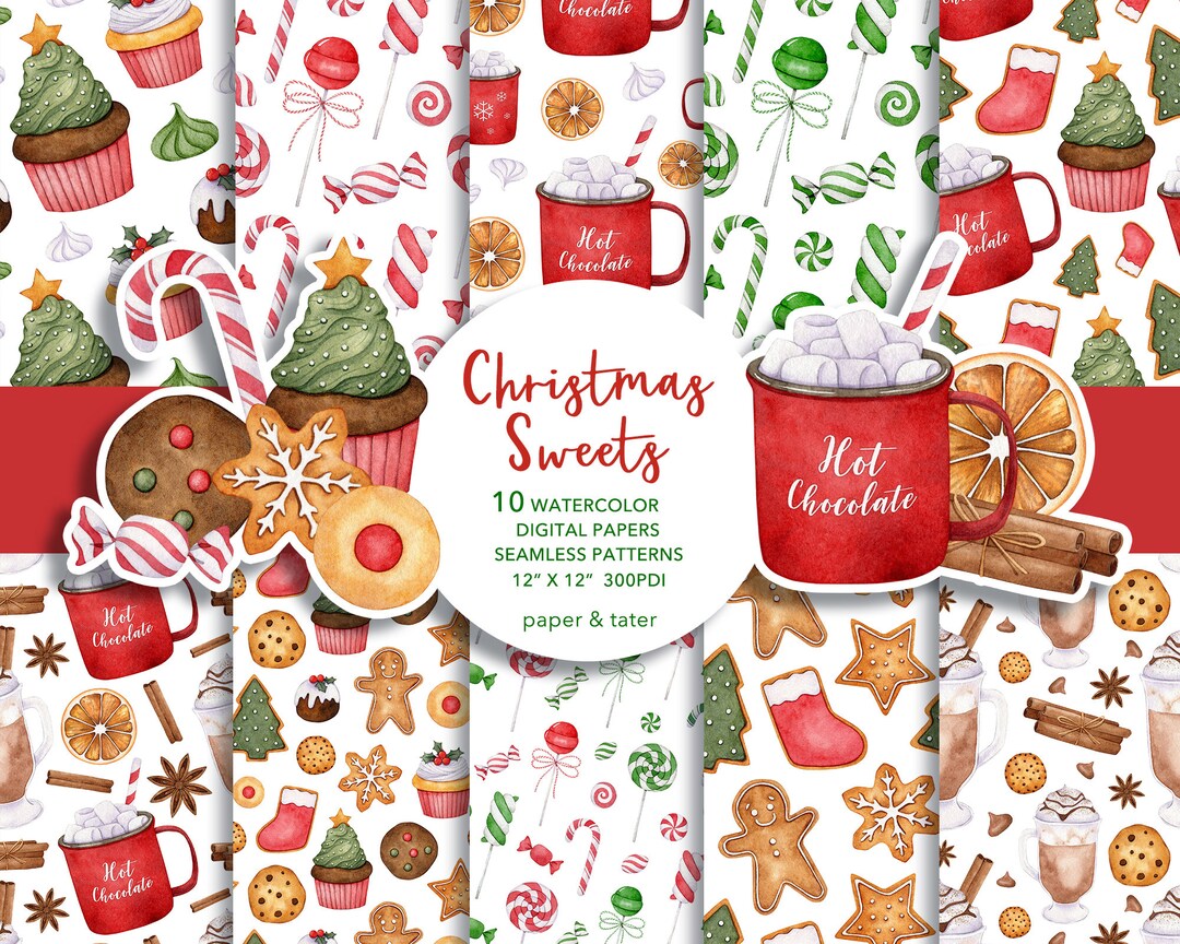 Watercolor Christmas Sweets Digital Papers, Fabric Seamless Pattern ...