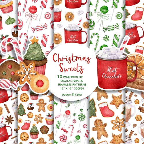 Watercolor Christmas Sweets Digital Papers Fabric Seamless - Etsy Canada