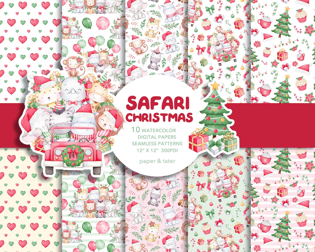 Watercolor Safari Christmas Digital Papers, Fabric Seamless Repeat ...