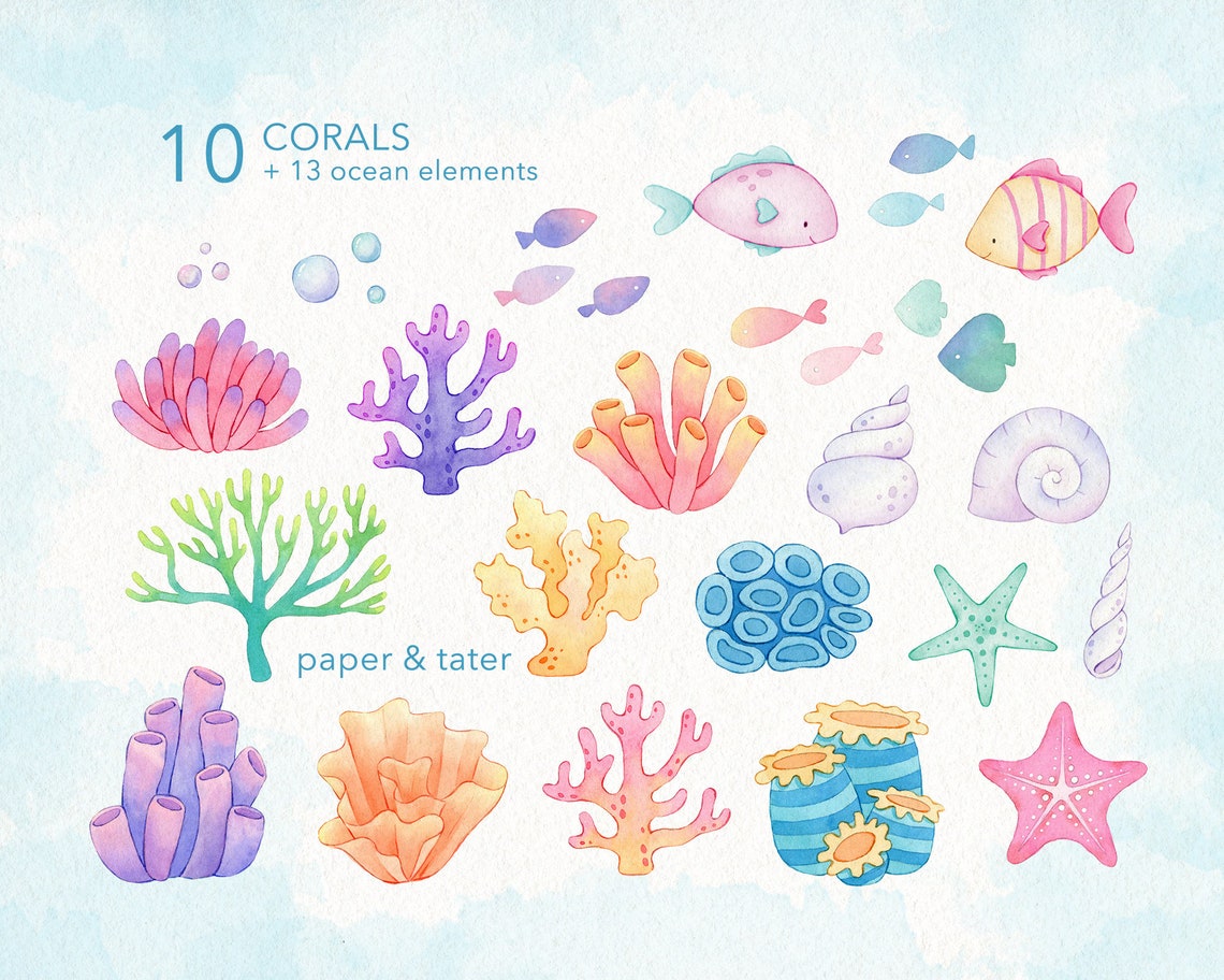 Coral and Seaweed Watercolor Clipart Underwater Scene Ocean - Etsy