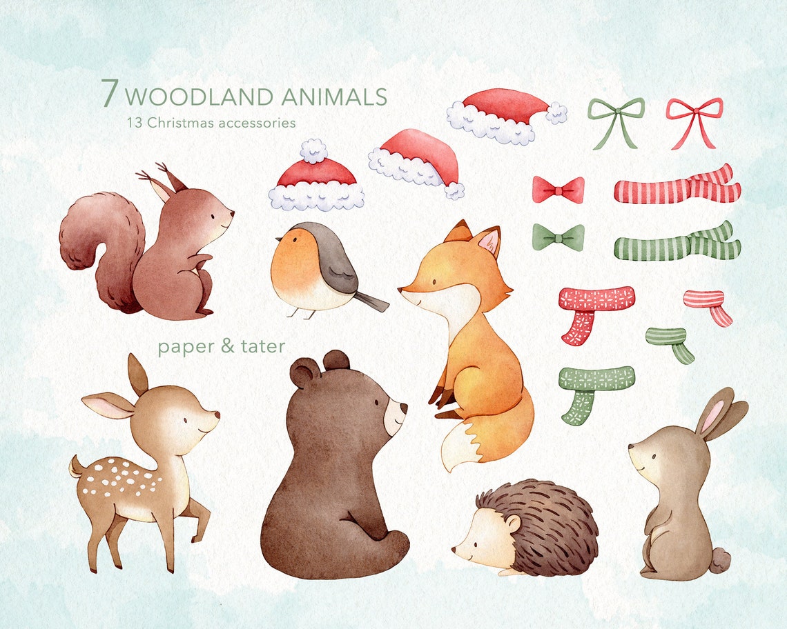 Woodland Christmas Watercolor Clipart Cute Xmas Animals PNG - Etsy