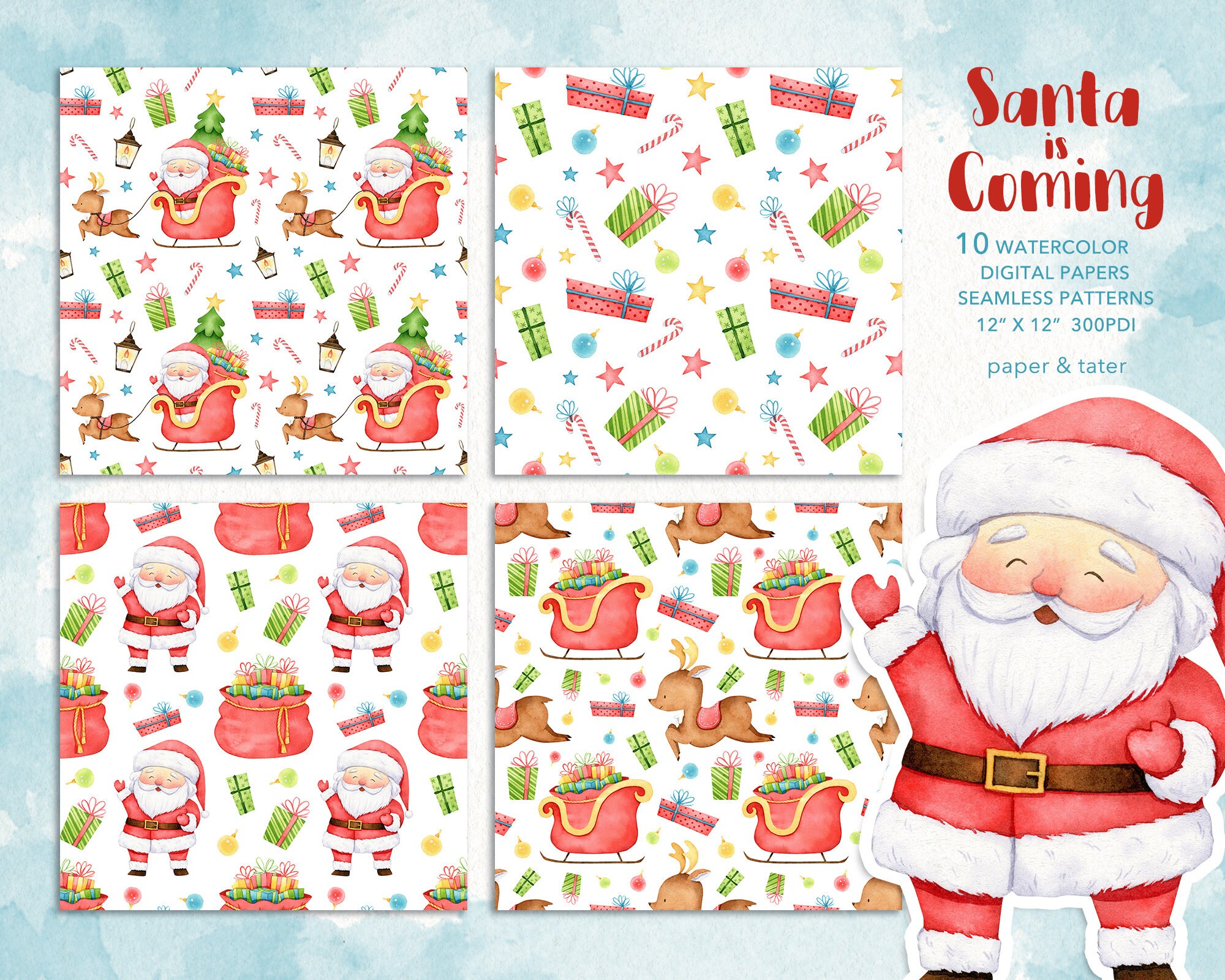 Watercolor Christmas Digital Papers Fabric Seamless Pattern - Etsy