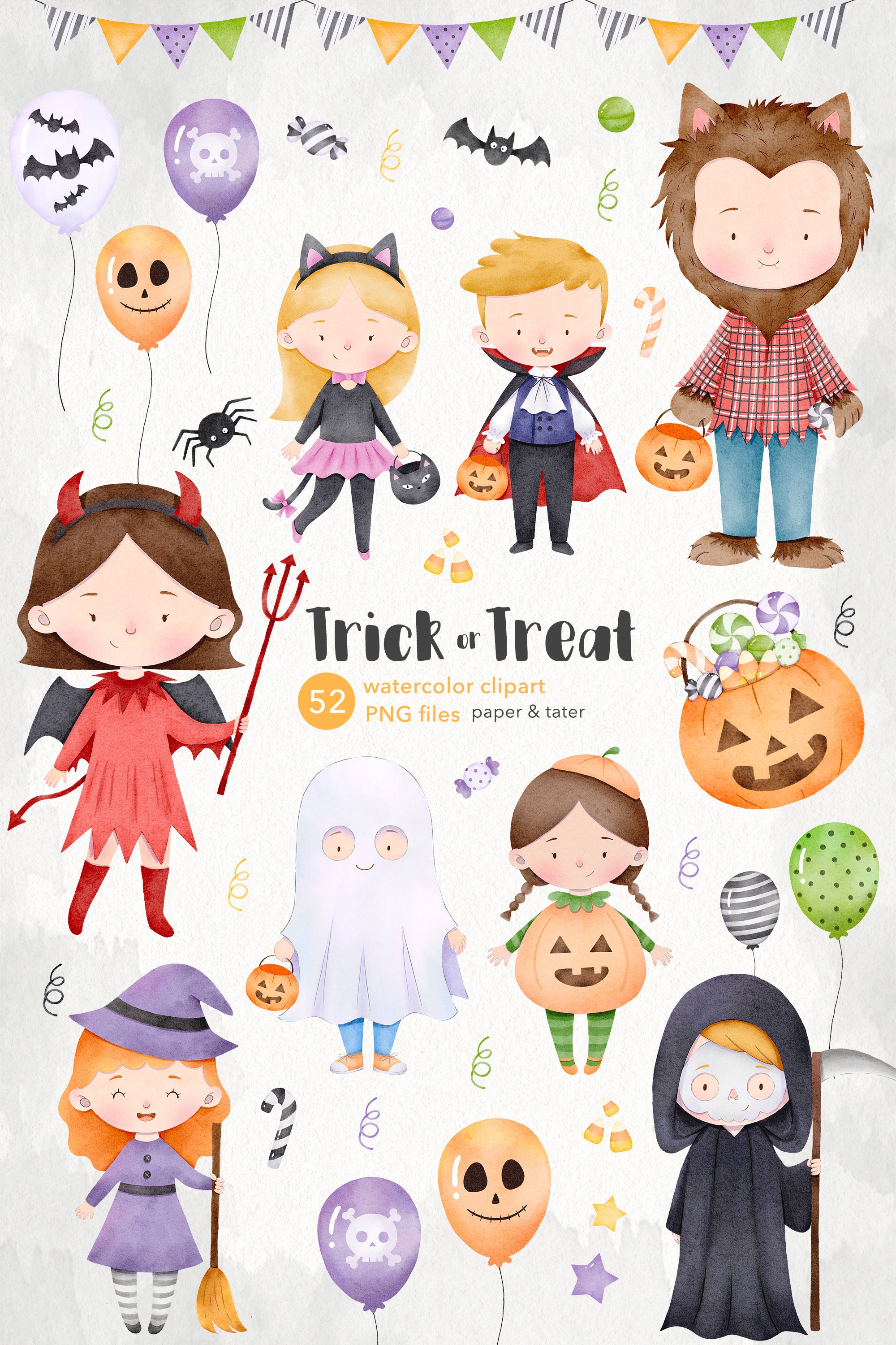 Trick or Treat Halloween Clipart Watercolor Halloween Costume - Etsy
