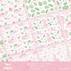 Pink Dinosaurs Watercolor Digital Papers, Fabric Seamless Repeat ...