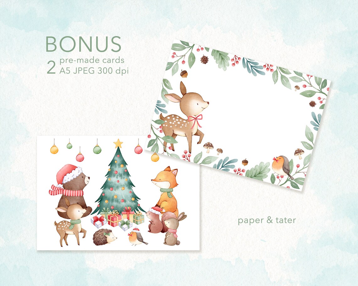 Woodland Christmas Watercolor Clipart Cute Xmas Animals PNG - Etsy