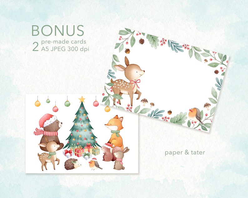 Woodland Christmas Watercolor Clipart Cute Xmas Animals PNG - Etsy
