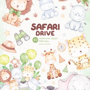 Safari Drive Watercolor Baby Animals Clipart, African Wild Animal PNG ...