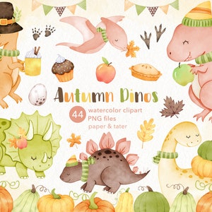 Watercolor Autumn Dinosaur Clipart, Fall Dino Clip Art, Thanksgiving ...