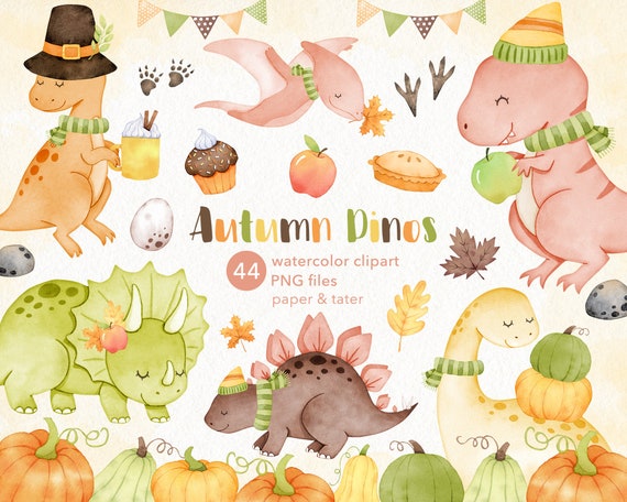 Watercolor Autumn Dinosaur Clipart Fall Dino Clip Art - Etsy