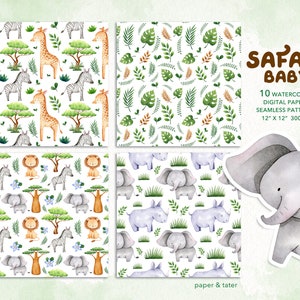 Watercolor Safari Baby Animals Digital Papers, Fabric Seamless Pattern ...