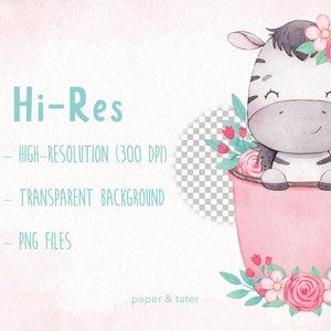 Pink Wild Animals in Mug Watercolor Clipart, Baby Girl Birthday, Party ...