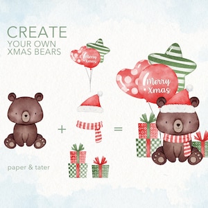 Watercolor Christmas Bear Clipart, Cute Xmas Woodland Animals PNG - Etsy