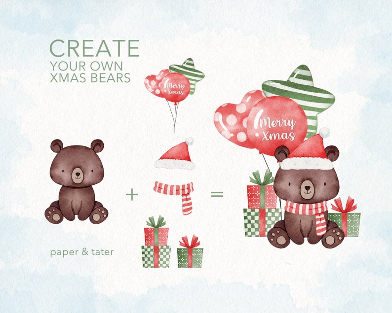 Watercolor Christmas Bear Clipart Cute Xmas Woodland Animals - Etsy