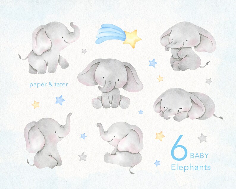 Watercolor Blue Baby Elephant Clipart Graphics Cute Baby Boy - Etsy