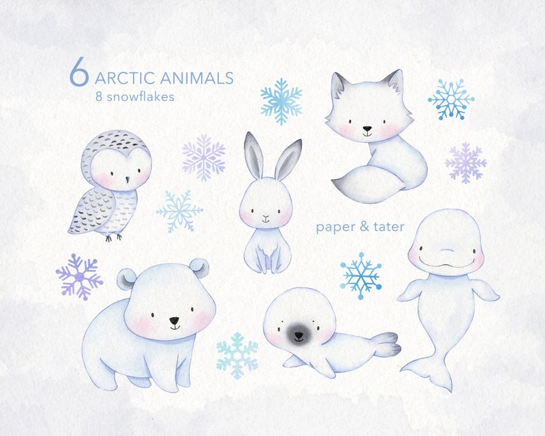 Arctic Animals Watercolor Clipart Winter Woodland PNG | Etsy