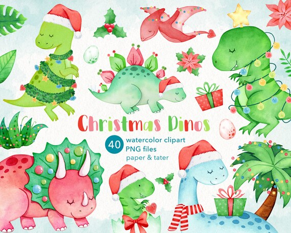 Watercolor Christmas Dinosaurs Clipart Cute Xmas Dino PNG | Etsy