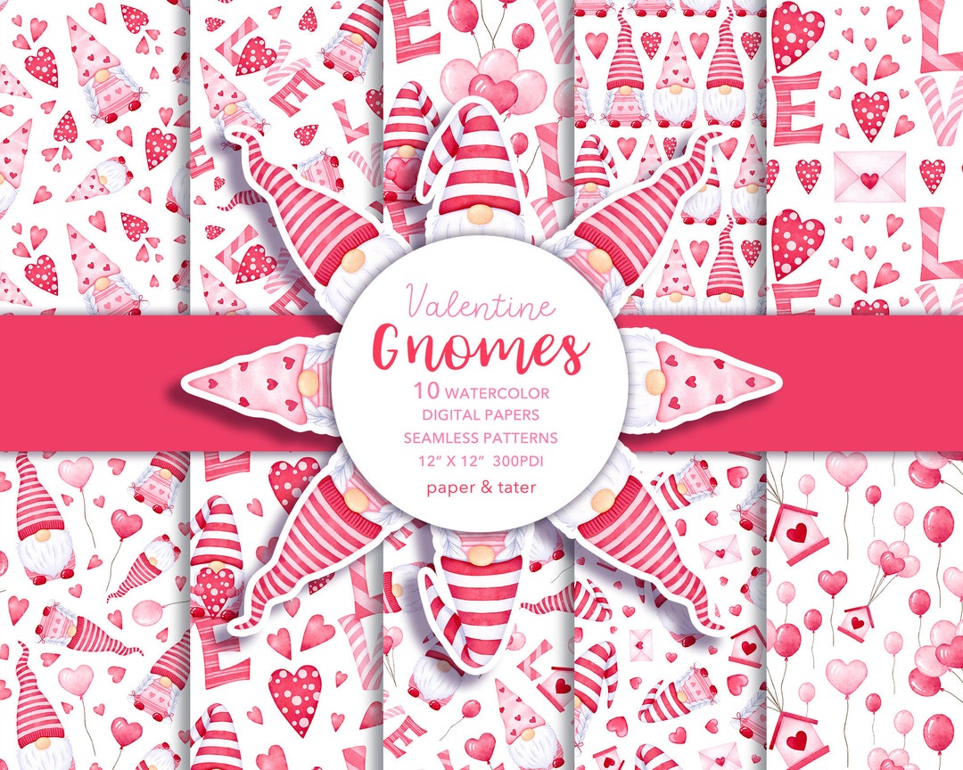 Watercolor Valentine Gnomes Digital Papers, Fabric Seamless Pattern ...