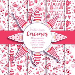 Watercolor Valentine Gnomes Digital Papers, Fabric Seamless Pattern ...