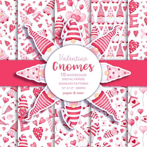 Watercolor Valentine Gnomes Digital Papers Fabric Seamless - Etsy