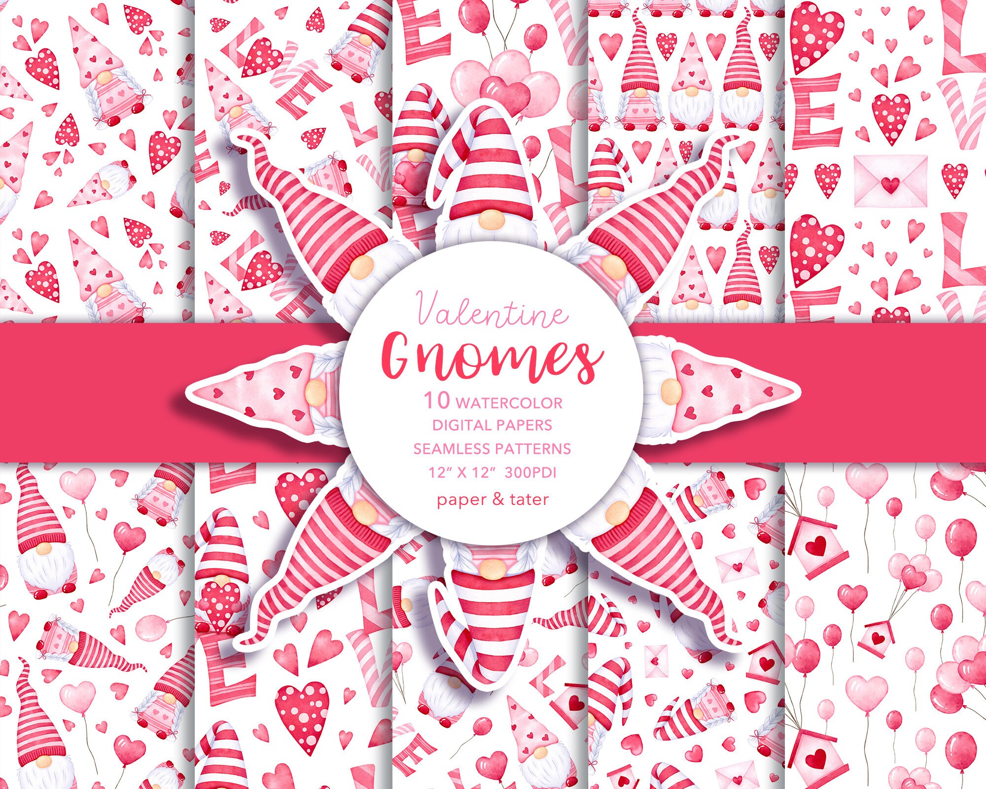 Watercolor Valentine Gnomes Digital Papers Fabric Seamless - Etsy