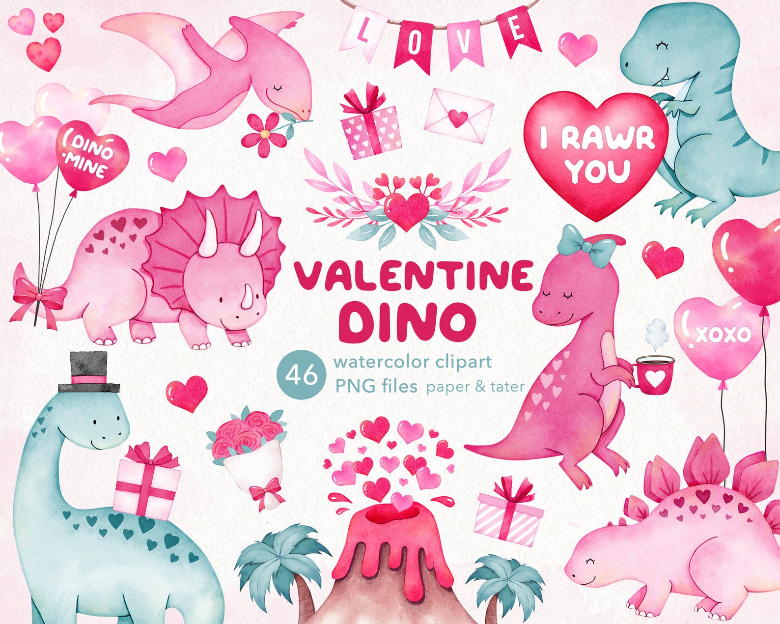 Valentines Dinosaurs Watercolor Clipart Love Dino PNG - Etsy