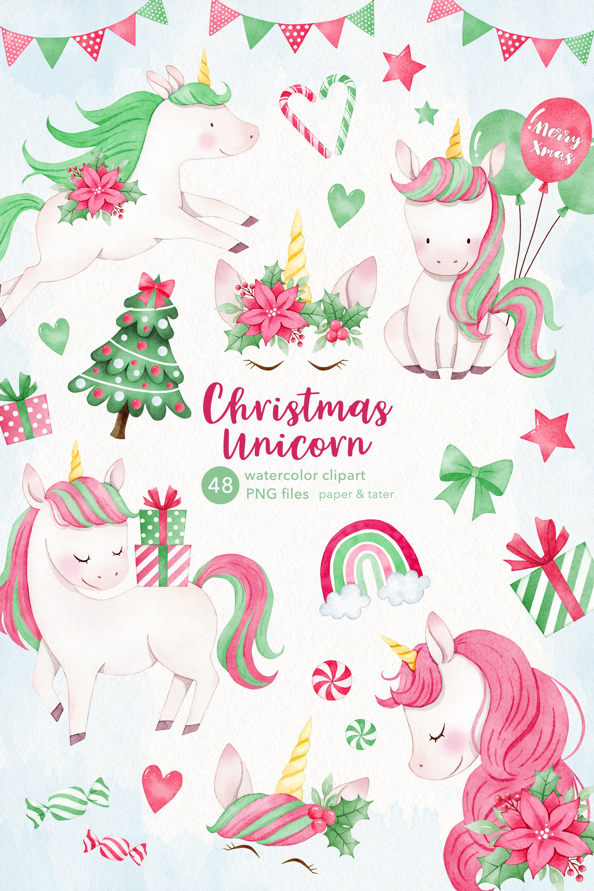 Watercolor Christmas Unicorns Clipart Magical Xmas Animals | Etsy