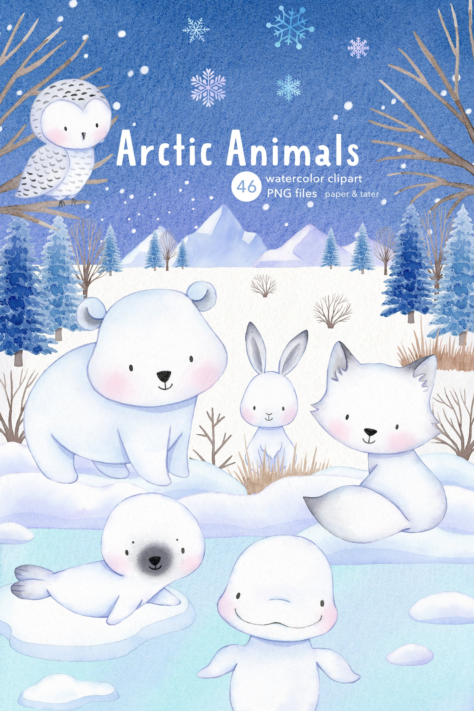 Arctic Animals Watercolor Clipart Winter Woodland PNG | Etsy