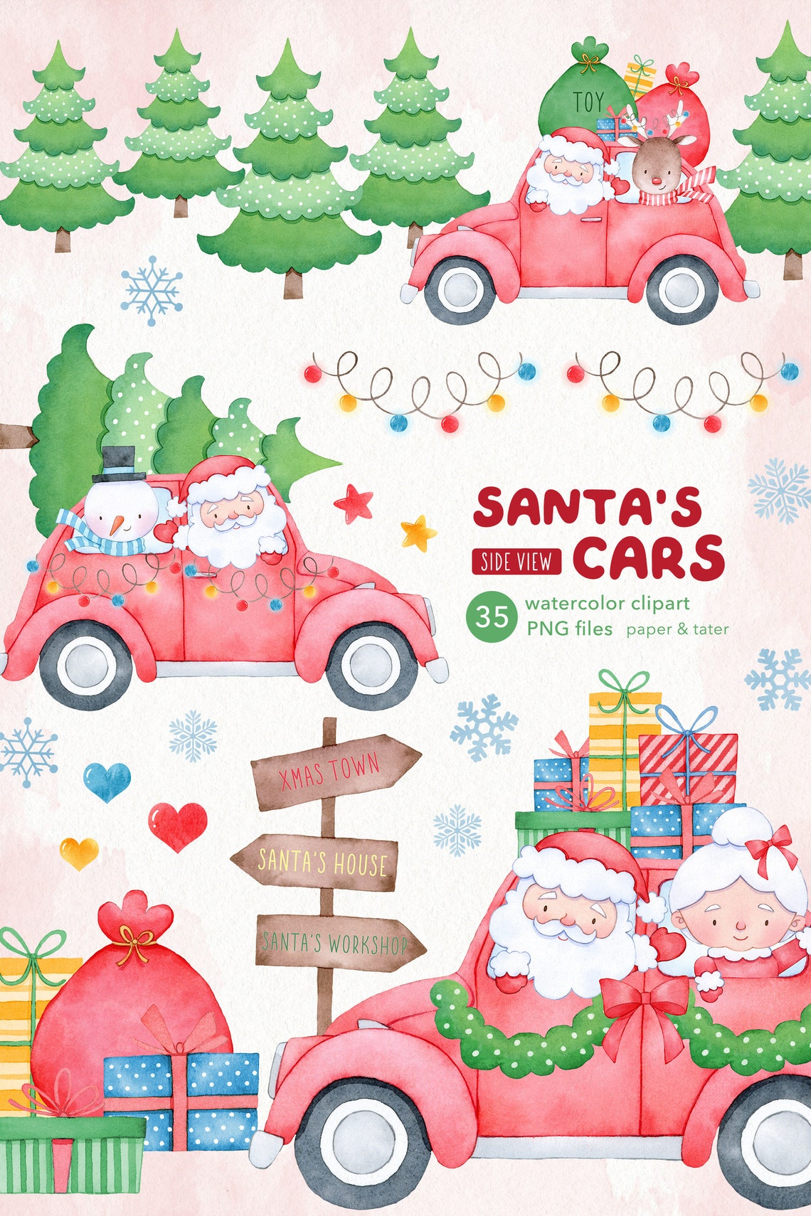 Watercolor Santa's Cars Clipart Side View Christmas - Etsy