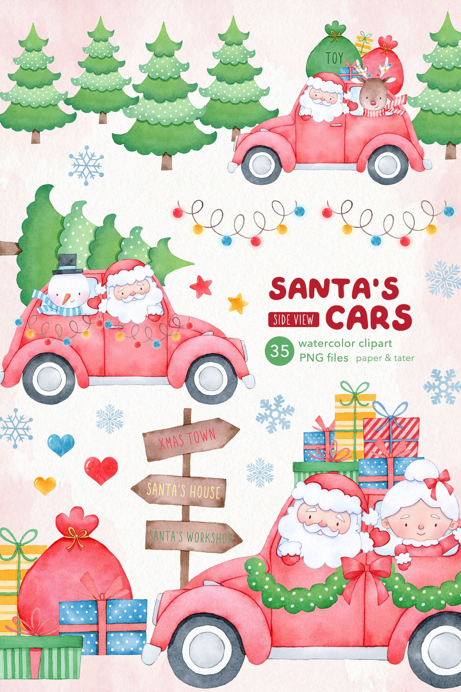 Watercolor Santa's Cars Clipart Side View Christmas - Etsy